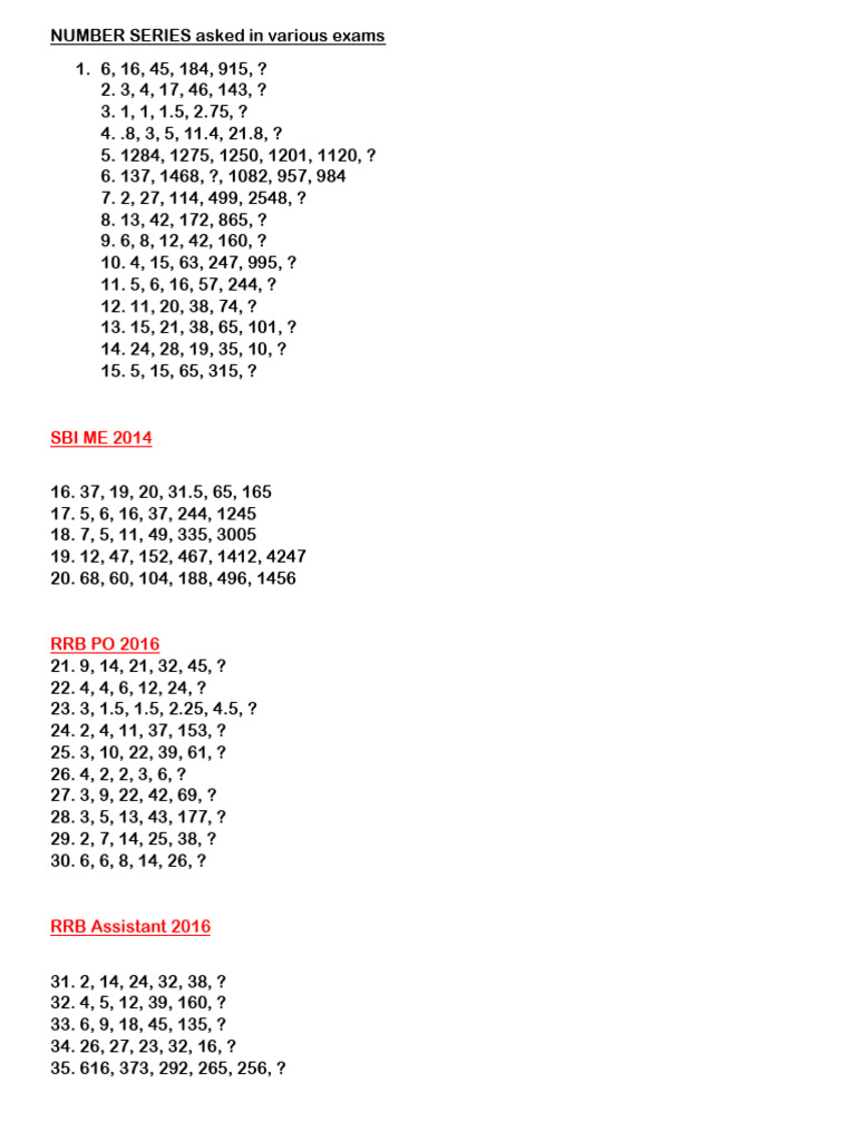 Number Series Questions for Exams | PDF