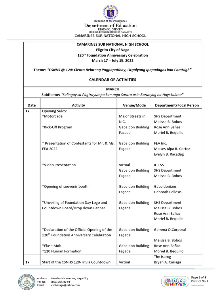 CSNHS 120th Foundation Anniversary Events | PDF | Educational Buildings ...