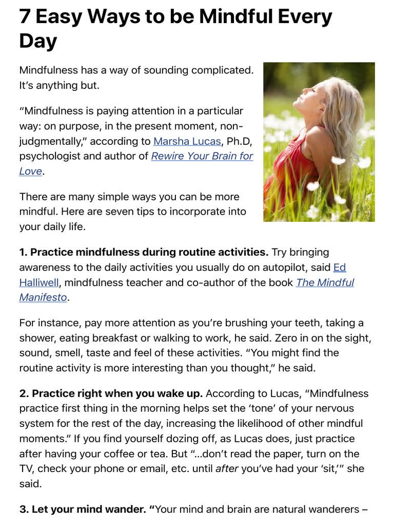 7 Easy Ways to be Mindful Every Day | PDF | Mindfulness | Thought