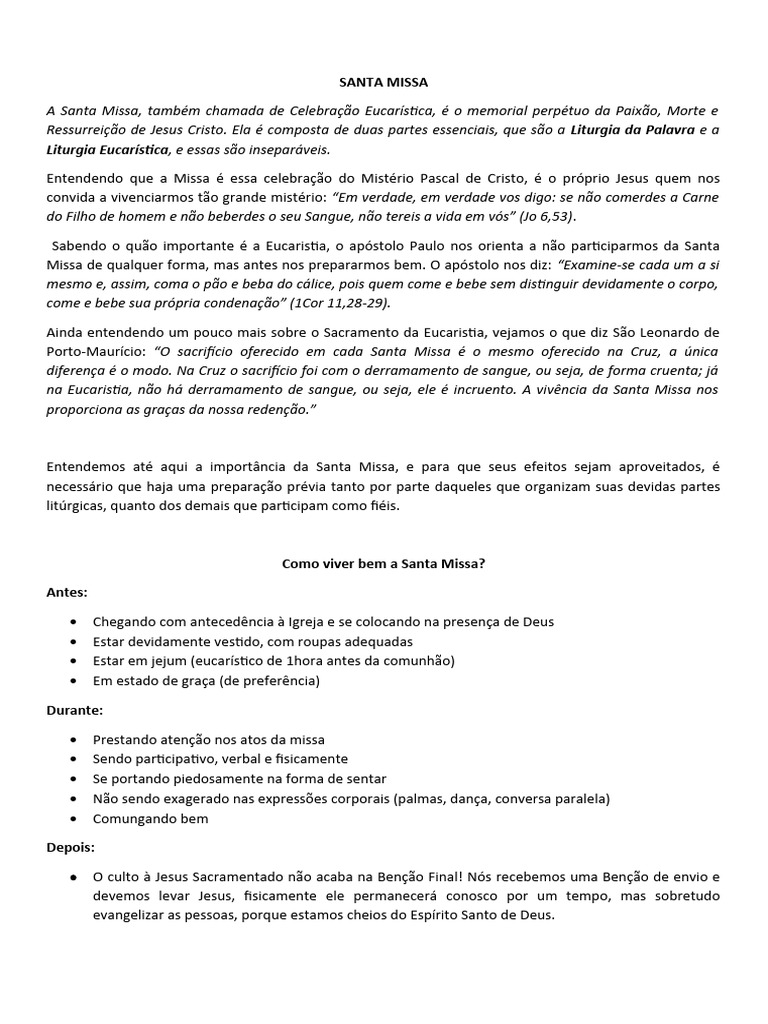 Importância e Estrutura da Santa Missa | PDF | Eucaristia | Liturgia