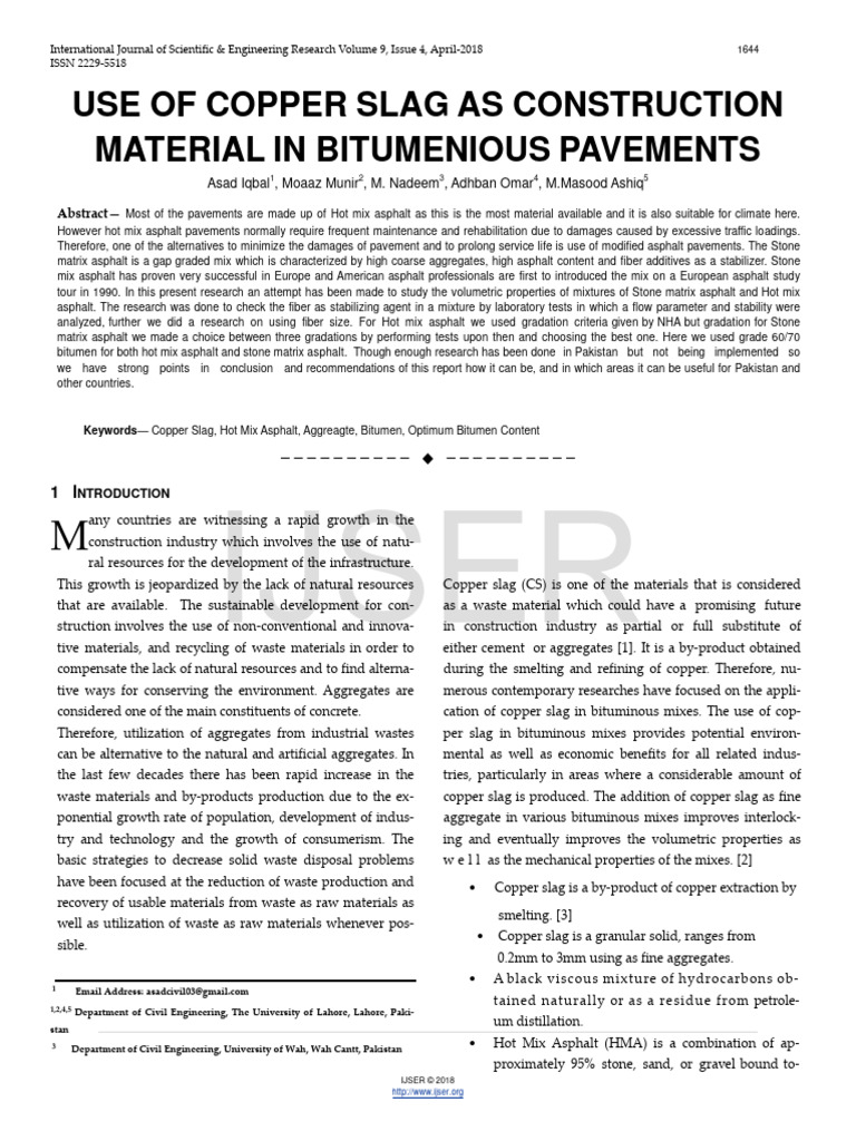 Use of Copper Slag As Construction Material in Bitumenious Pavements ...