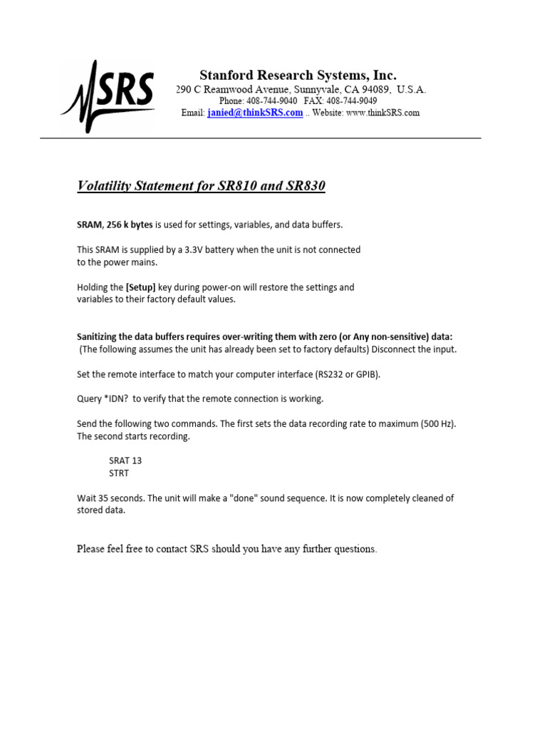 SR810 and SR830 Volatility Statement | PDF | Computers