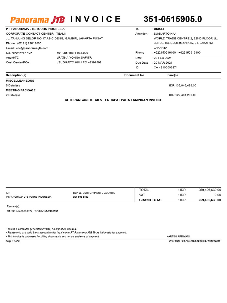 Invoice for UNICEF Meeting Package | PDF