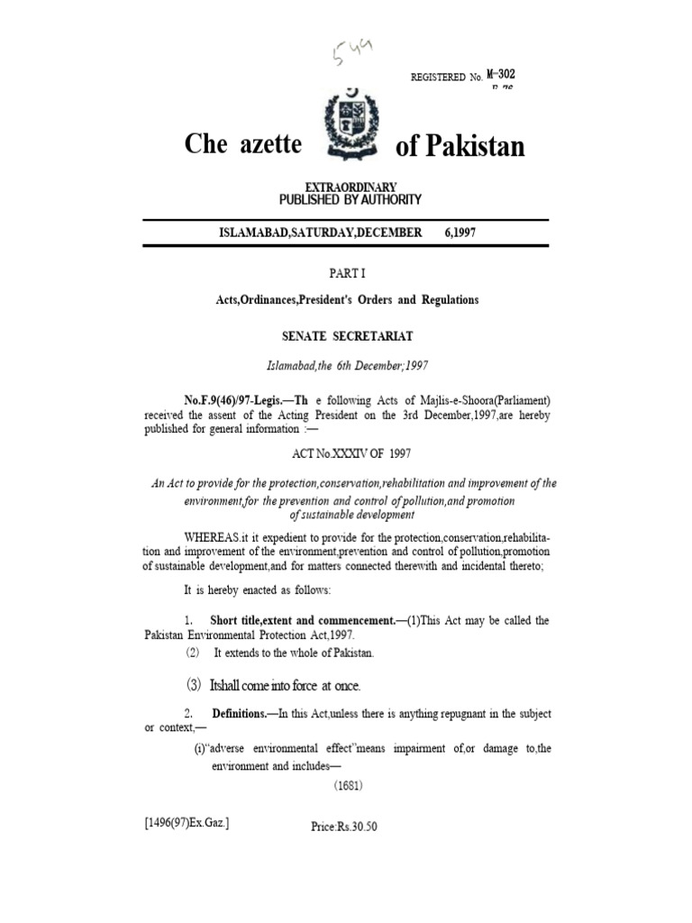 Pakistan Environmental Protection Act 1997 | PDF | Waste | Taxes
