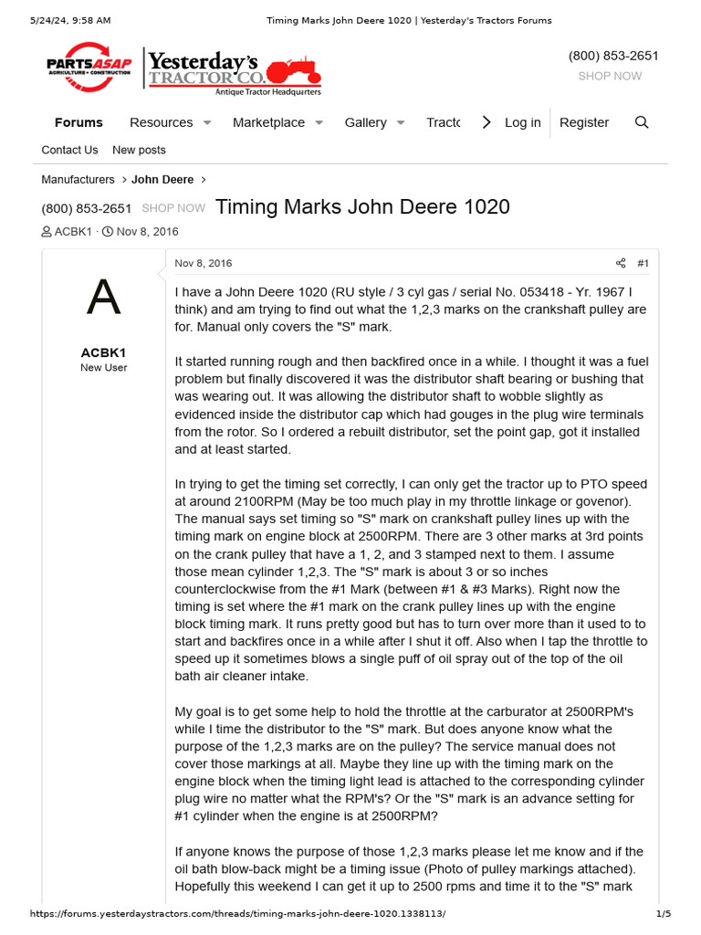 John Deere 1020 Timing Marks Guide | PDF | Throttle | Tractor