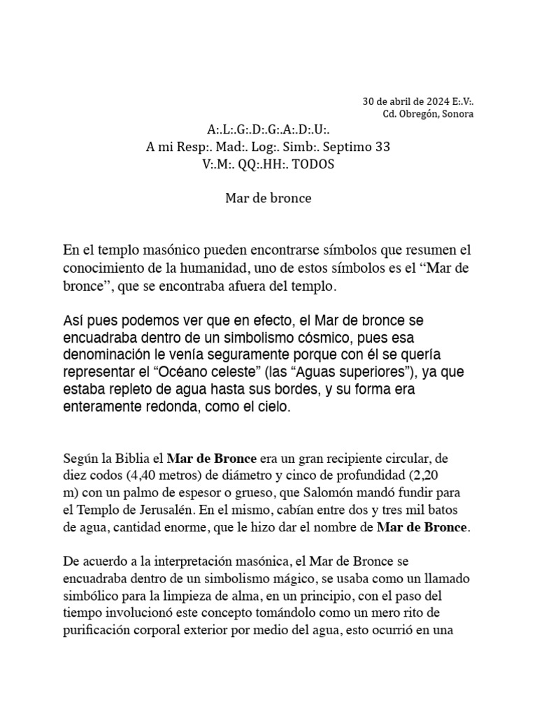 Significado del Mar de Bronce en Masonería | PDF
