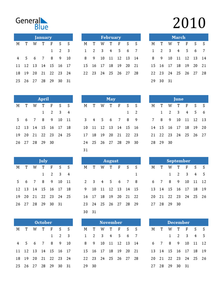 2010 Calendar Portrait Monday Start | PDF