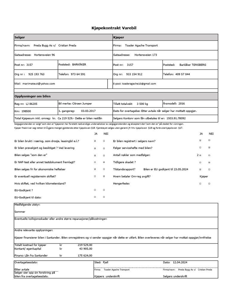 Kontrakt - Preda Bygg As Og Toader Agache Transport 12.04.2024 | PDF