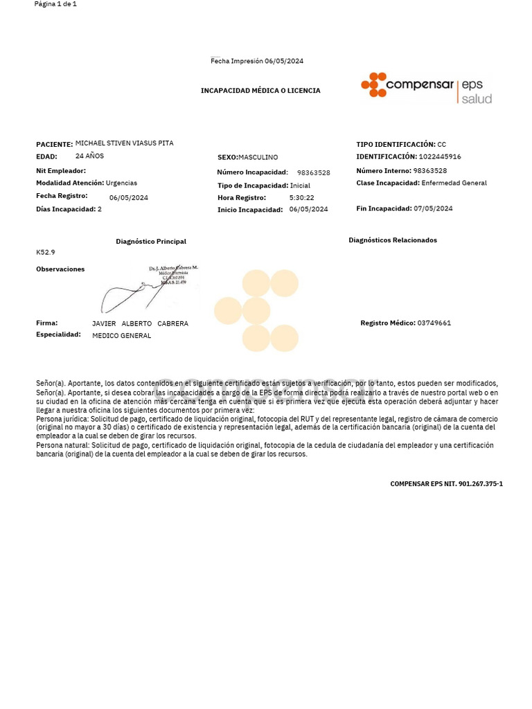 MICHAEL VIASUS Incapacidad-Compensar PDF | PDF