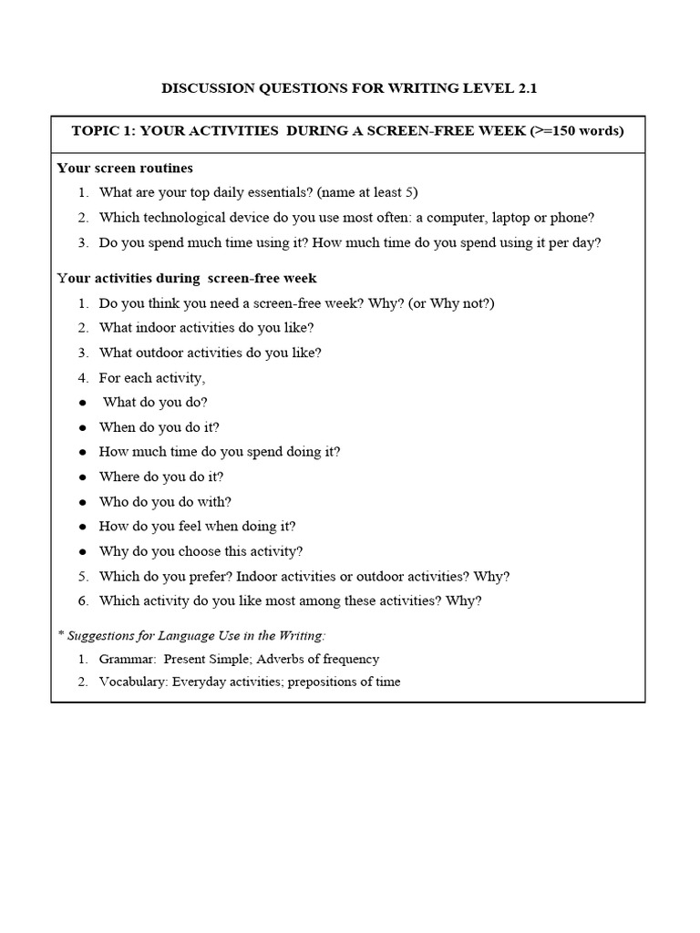 Discussion Questions for Writing Level 2.1 | PDF | Vocabulary | Human ...