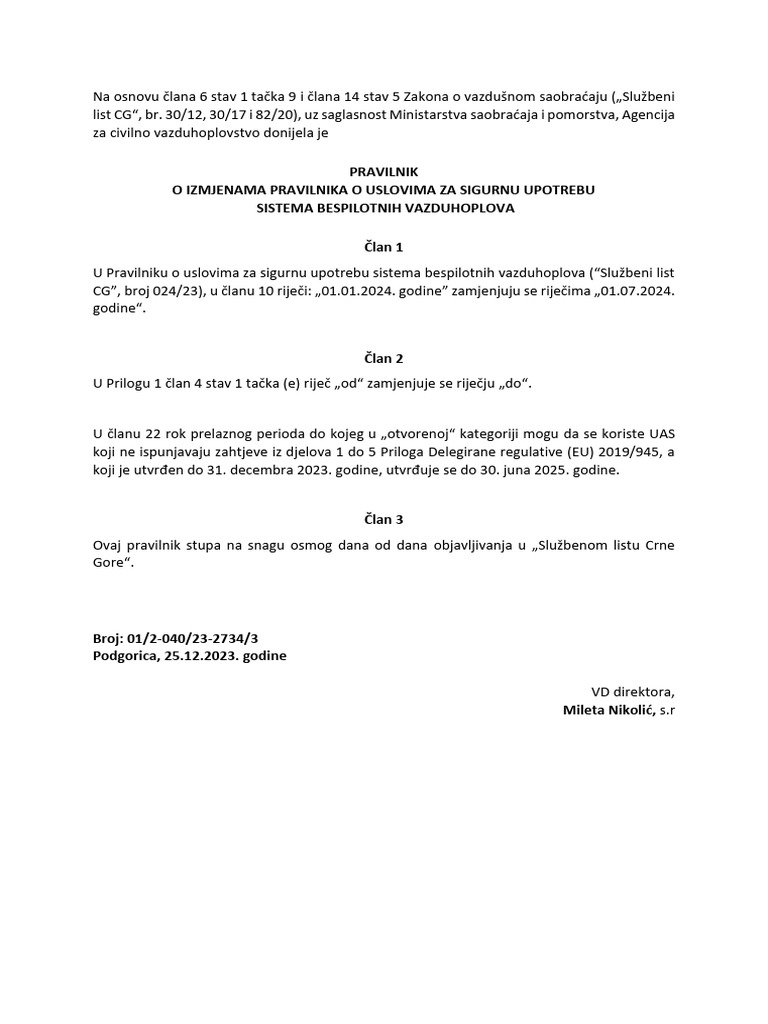 Pravilnik o Izmjenama Pravilnika o Uslovima Za Sigurnu Upotrebu Sistema ...