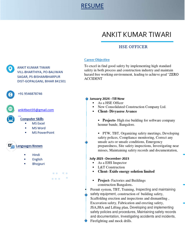 ANKIT TIWARI CV | PDF | Occupational Safety And Health | Safety
