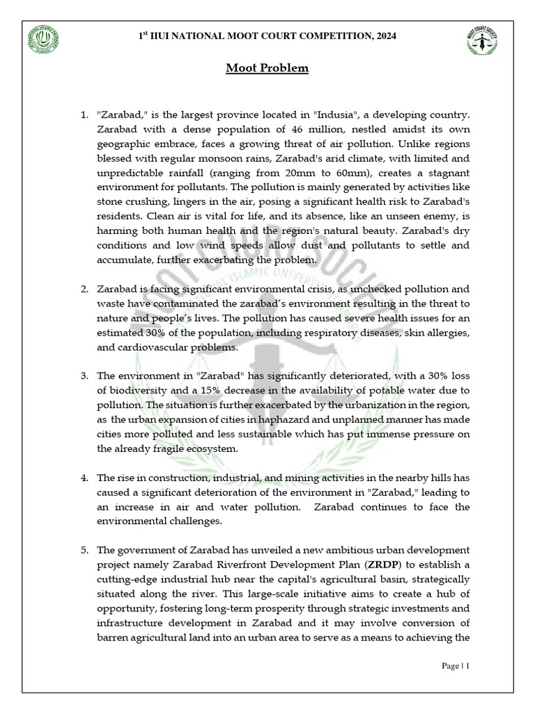 Moot Problem (1st IIUI NMCC'24) . | PDF | Air Pollution | Natural Environment