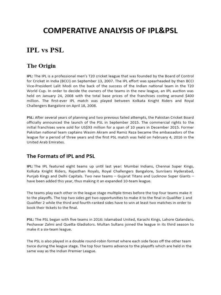 Comperative Analysis Of Ipl Psl Pdf Cricket Summer Sports