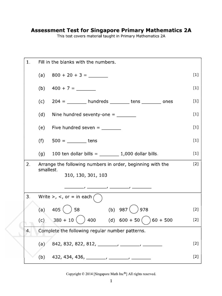 Singapore Math Assessment Test 2A | PDF