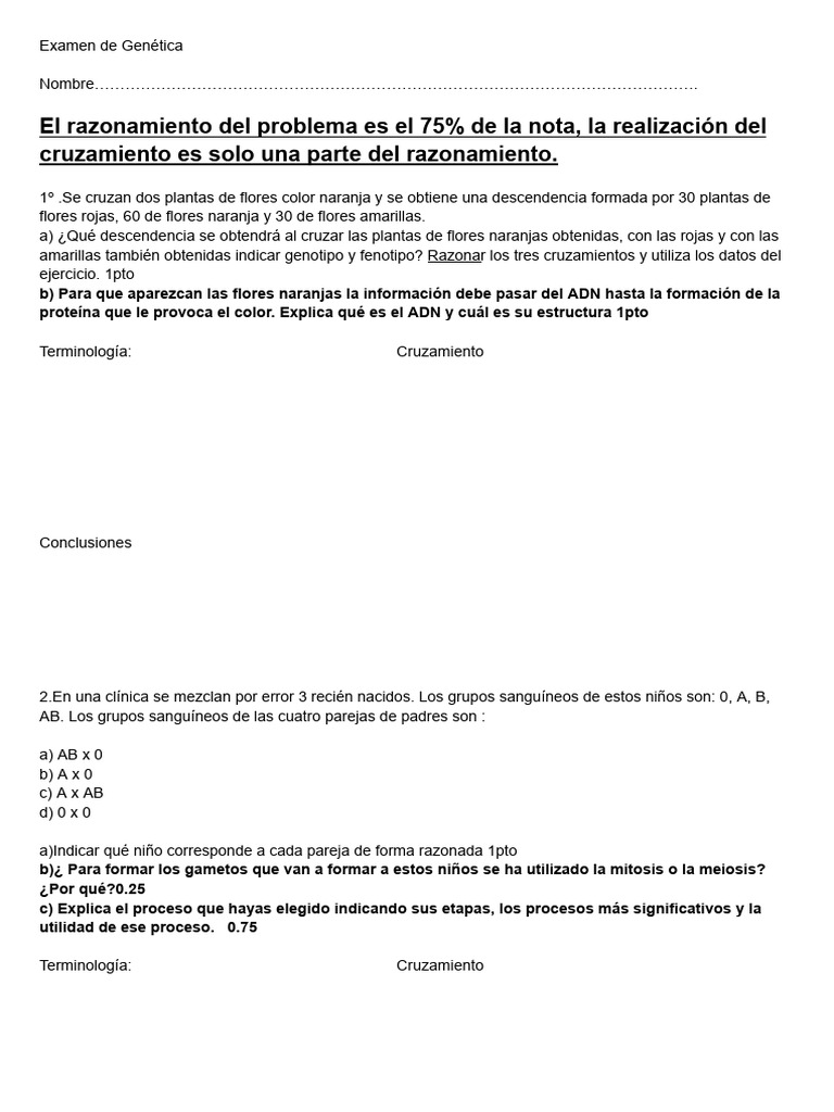 Examen de Genética: Cruzamientos y Herencia | PDF | Dominancia ...