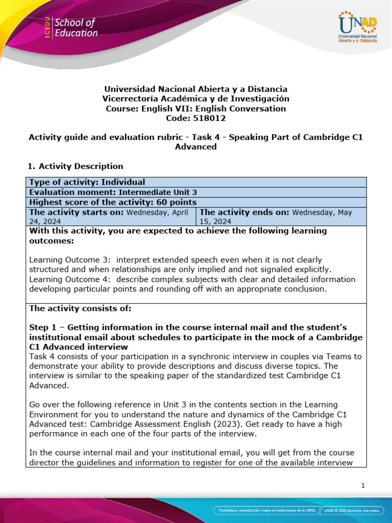 Activity Guide and Evaluation Rubric - Unit 3 - Task 4 - Speaking Part of Cambridge C1 Advanced ...