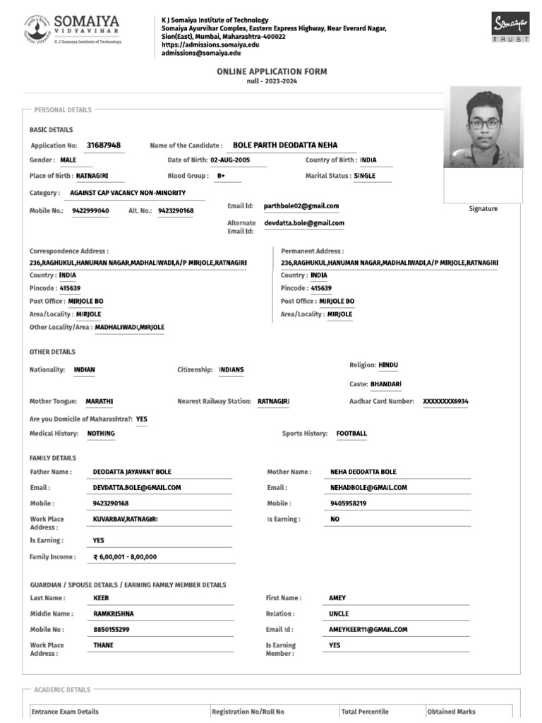 KJ Somaiya Appli Form | PDF