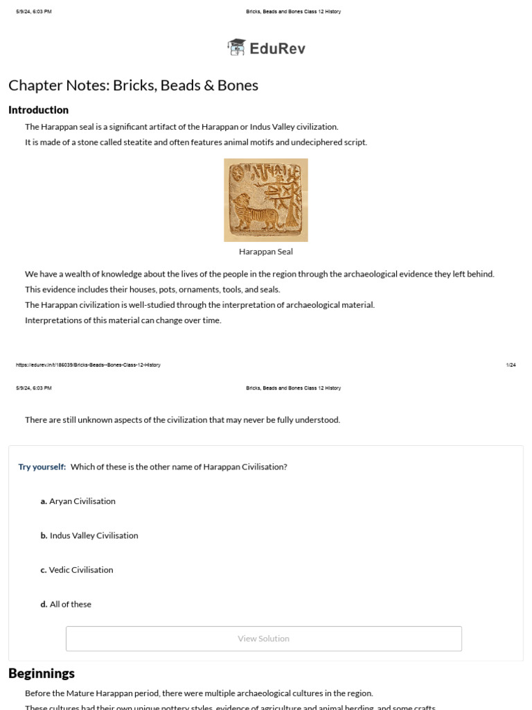 Bricks, Beads and Bones Class 12 History | PDF | Artifact (Archaeology ...