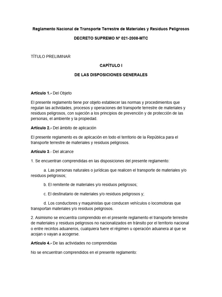 Reglamento Nacional de Transporte Terrestre de Materiales y Residuos Peligroso1 | PDF ...