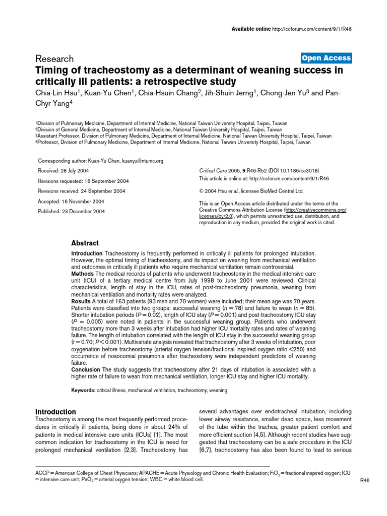 Timing of Tracheostomy As A Determinant of Weaning Success in | PDF ...