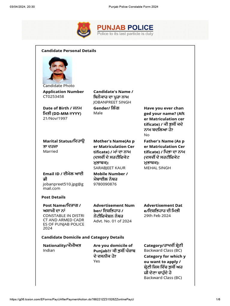 Punjab Police Constable Form 2024 | PDF