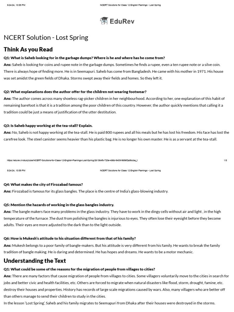 NCERT Solutions For Class 12 English Flamingo - Lost Spring | PDF | Child Labour | Hazards
