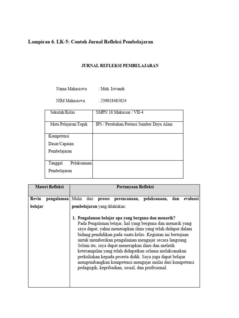 Lampiran 6. LK-5 Contoh Jurnal Refleksi Pembelajaran | PDF