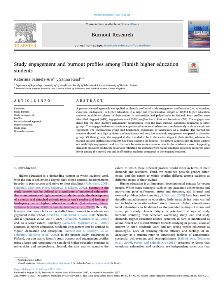 Study Engagement and Burnout Profiles Among Finnish Higher Education | PDF | Cost Of Living ...