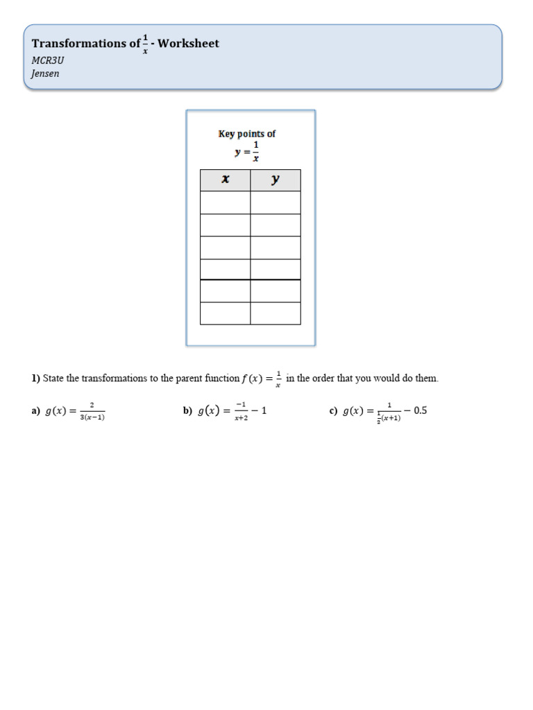 Transformations of Rational Functions Worksheet | PDF | Function ...