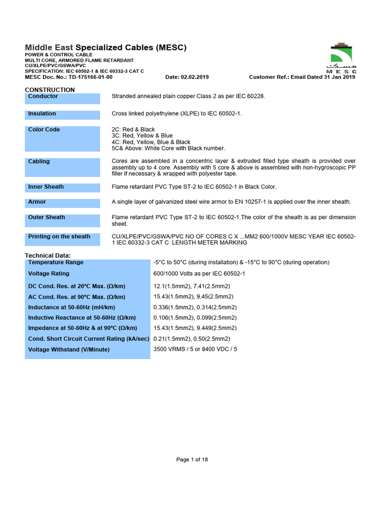Mesc Instrumentation Data Sheet | PDF | Wire | Insulator (Electricity)
