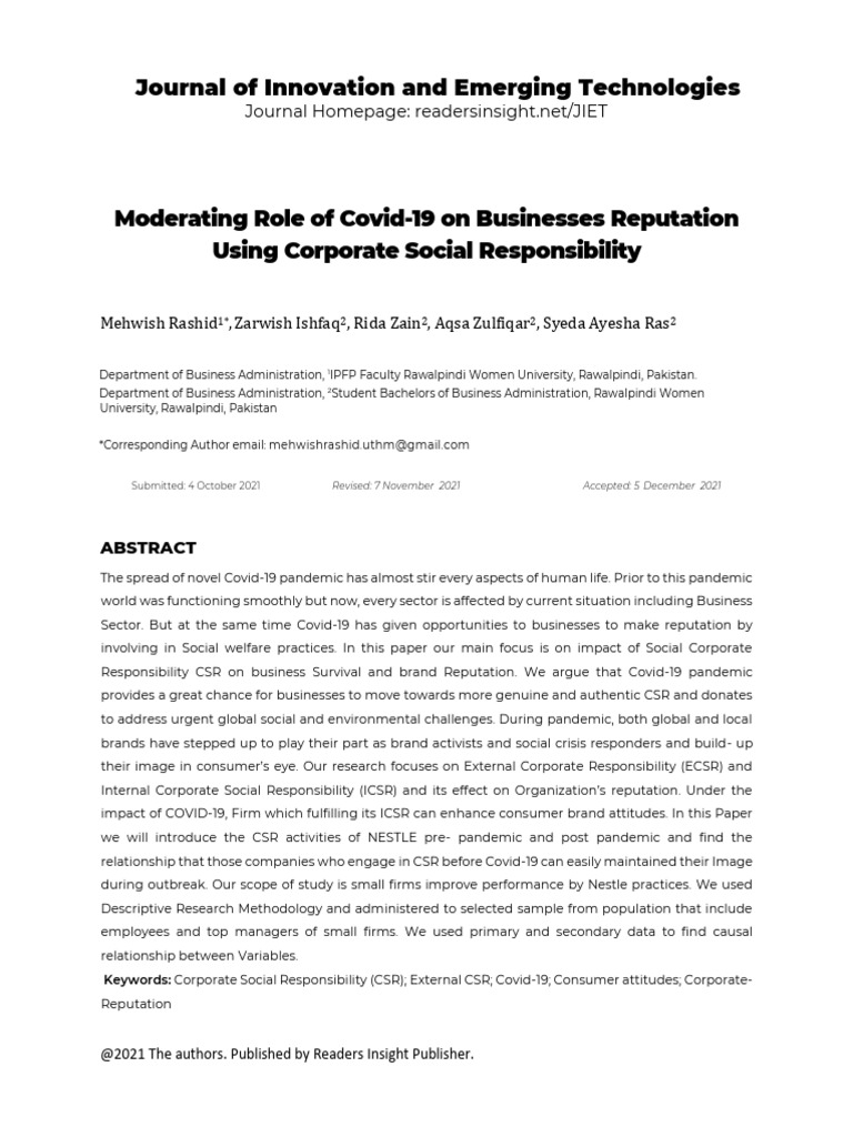 Admin, Moderating Role of Covid-19 On Businesses Reputation Using Corporate Social ...