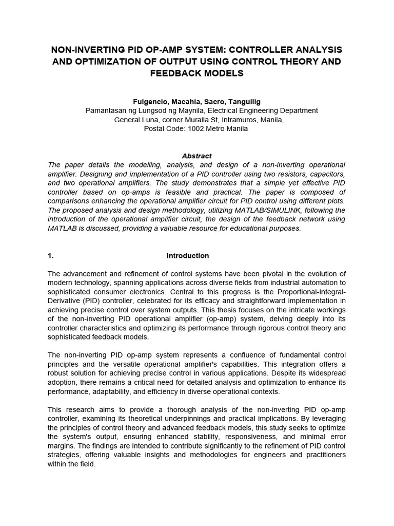 Non-Inverting Pid Op-Amp System - Controller Analyzation and Optimization of Output Using ...
