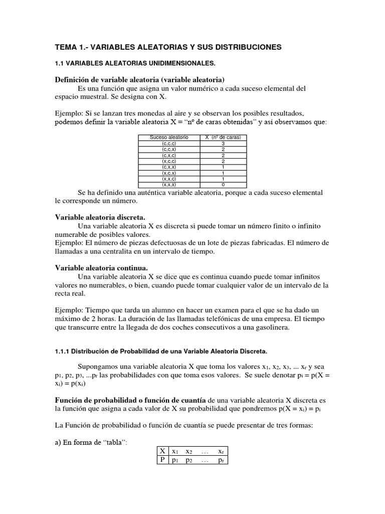 TEMA 1 Variables Aleatorias | PDF | Variable aleatoria | Distribución de probabilidad