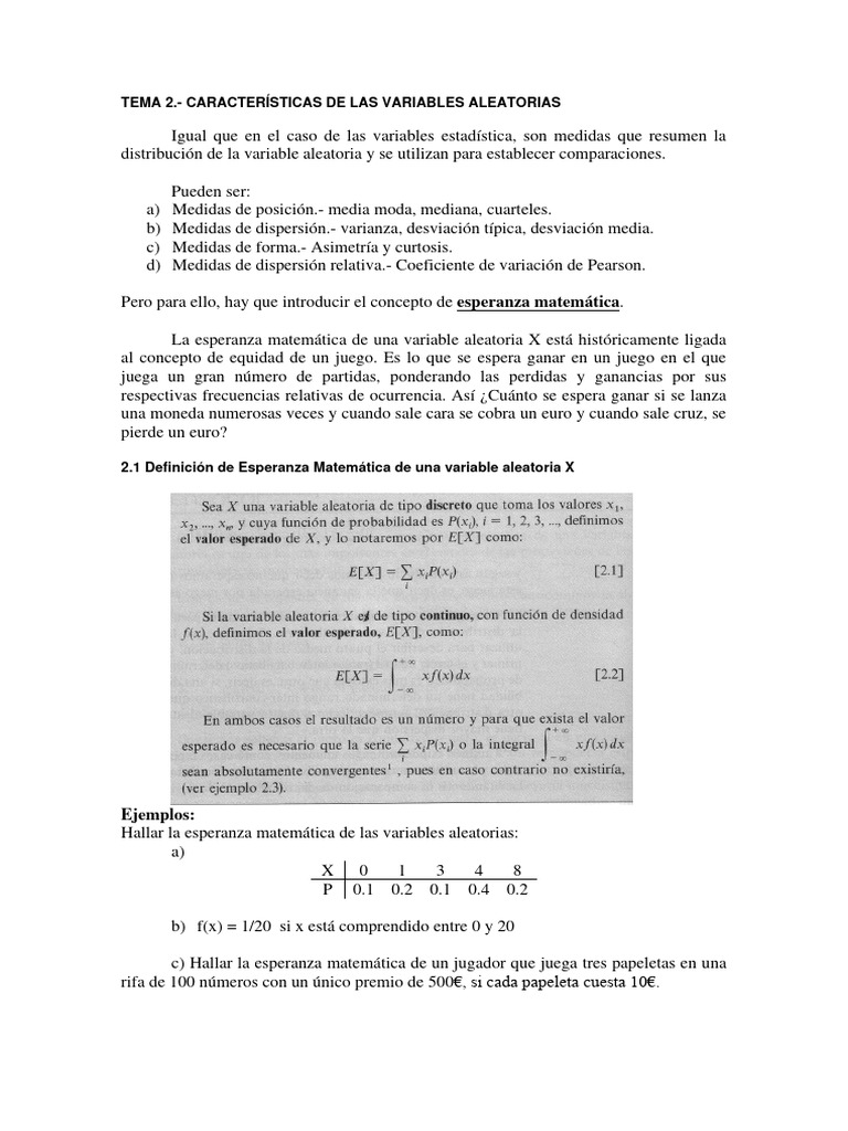 Tema 2 Caracteristicas | PDF | Valor esperado | Variable aleatoria