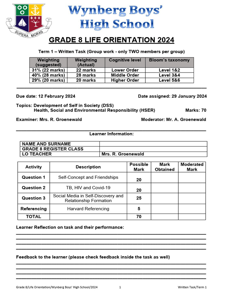 Gr8 t1 Dss Hser Written Task 2024 | PDF | Tuberculosis | Adolescence