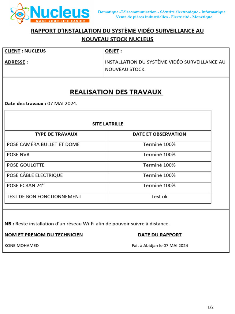Rapport d'installation vidéosurveillance | PDF