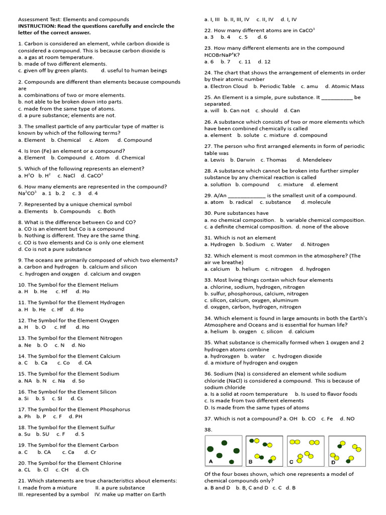 Chemistry Quiz: Elements & Compounds | PDF | Chemical Elements ...