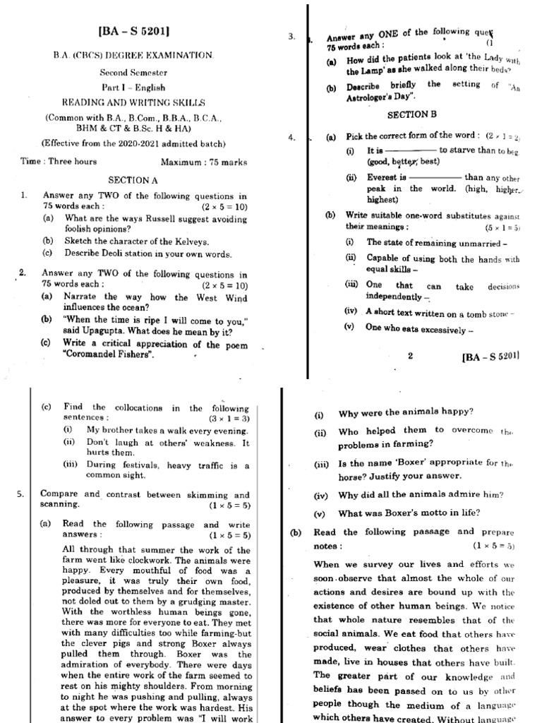 Ba Bcom Bba Bca BHMCT BSC 2 Sem English Reading and Writing Skills Ba S 5201 2021 | PDF