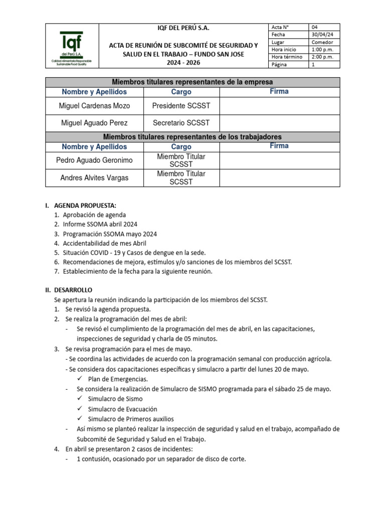 Acta N°04 - SCSST SAN JOSE Abril | PDF