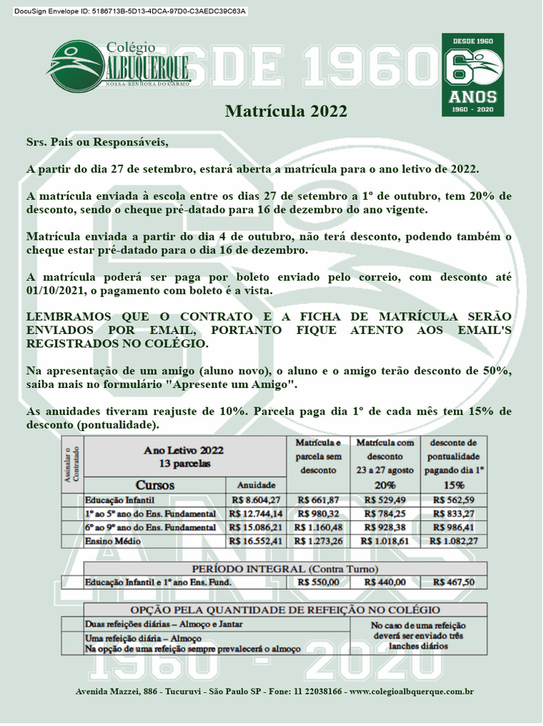 DocuSign Ficha de Matricula | PDF | Escolas | Cheque (banco)