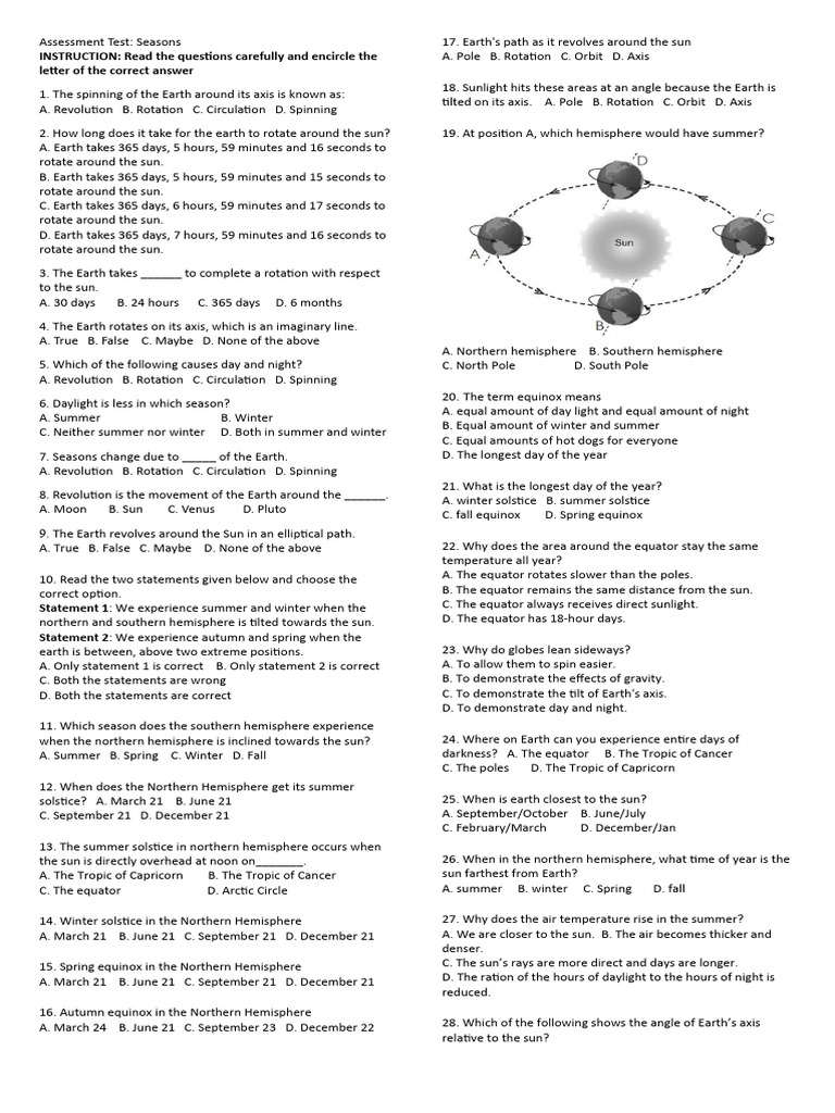 Assessment Test SEASONS | PDF | Equator | Earth