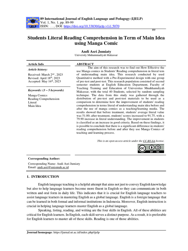 Students Literal Reading Comprehension in Term of Main Idea Using Manga Comic | PDF | Reading ...