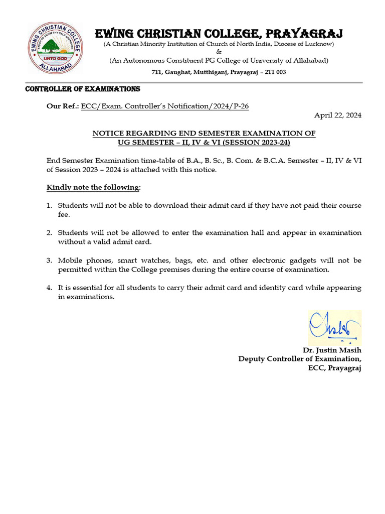 End Semester Exam Timetable 2024 | PDF | Academic Term | Computer ...