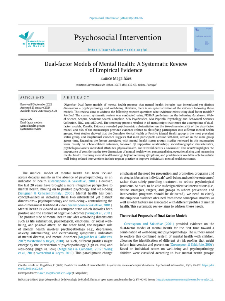 Dual-Factor Models of Mental Health A Systematic Review | PDF | Mental ...