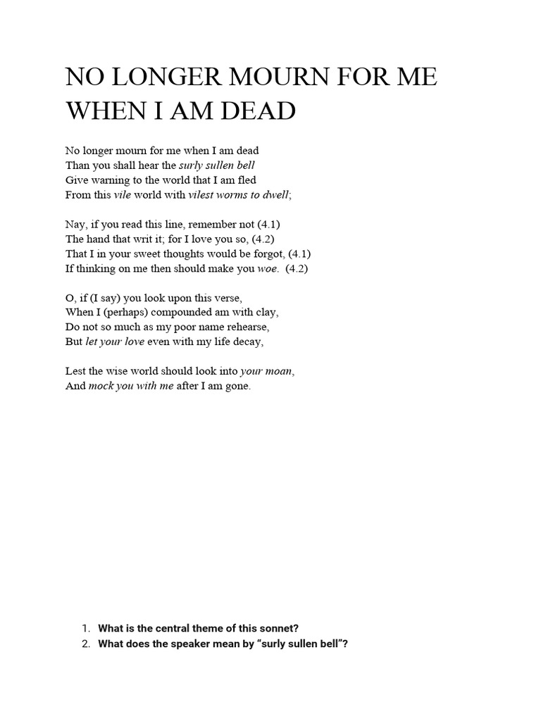 No Longer Mourn for Me: A Sonnet Analysis | PDF | Poetry