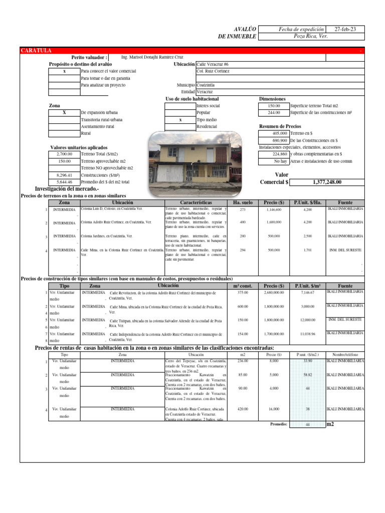 Avaluo Casa Ruiz Cortinez Coatzintla | PDF | Hormigón | Precios