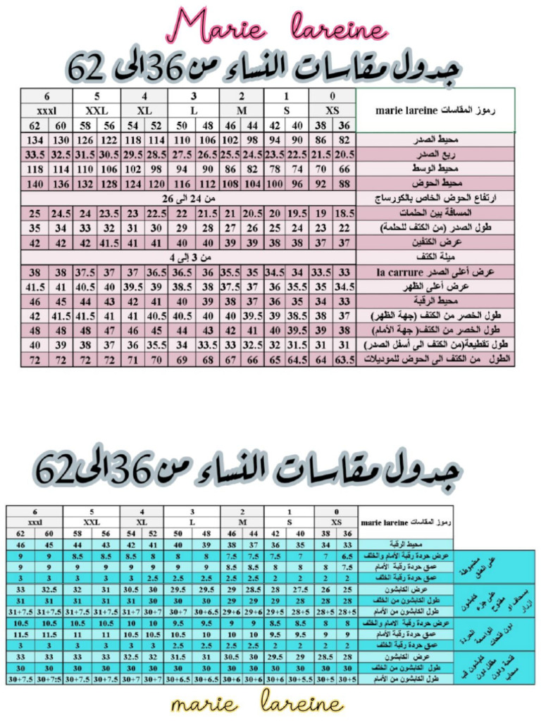 مقاسات النساء من 36 إلى 62 | PDF