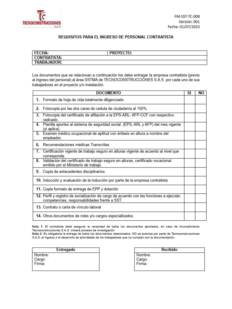 FM-SST-TC-008 Requisitos para El Ingreso de Personal Contratista | PDF | Tecnología