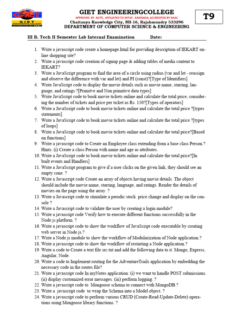3-2 It Mean Stack Lab QP | PDF | Java Script | Class (Computer Programming)